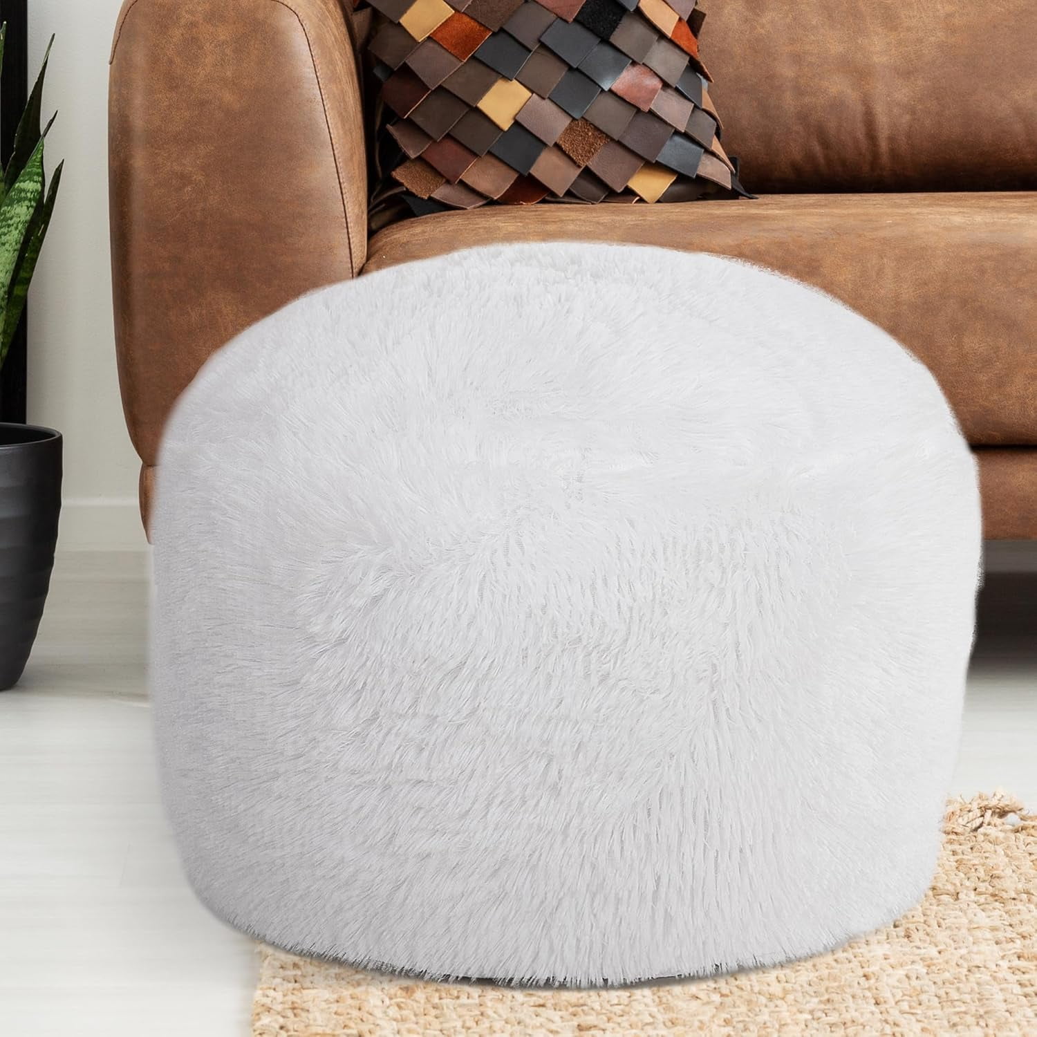 Fluffy Pouf Ottoman with Down-Alternative Filling, Stuffed Round Faux ...