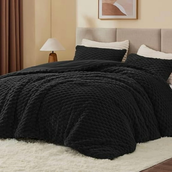 Fluffy Queen Comforter Set - Black Fleece Soft Comforter for Queen Size ...