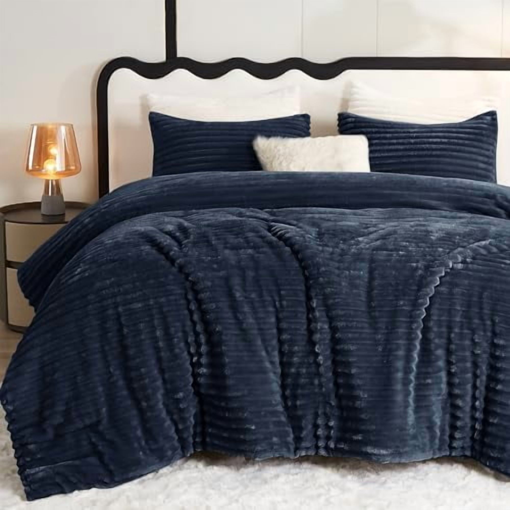 Fluffy Queen Comforter Set - Super Soft Faux Fur Navy Blue Comforter ...