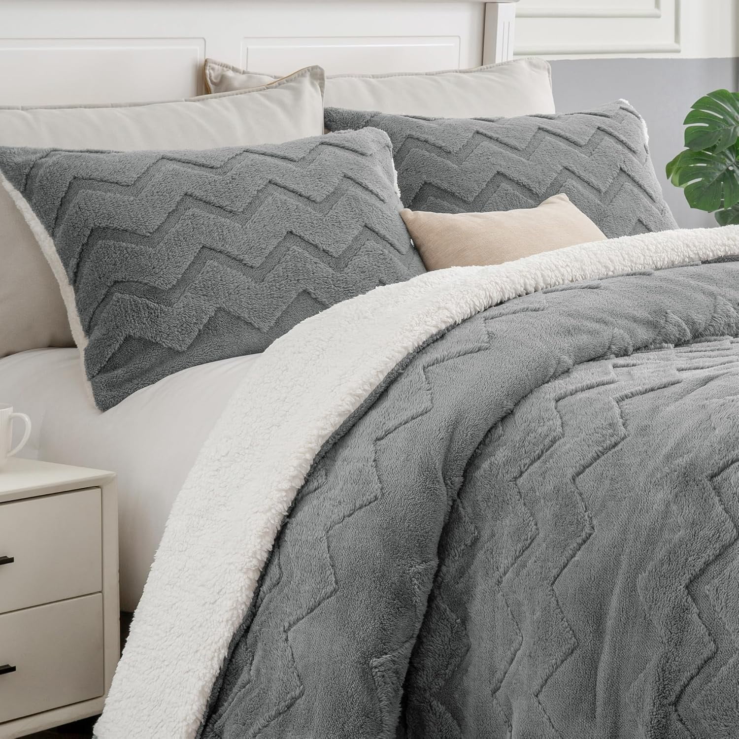 Fluffy Queen Comforter Set - Super Soft Sherpa Grey Comforter for Queen Size Bed, Luxury Warm ...