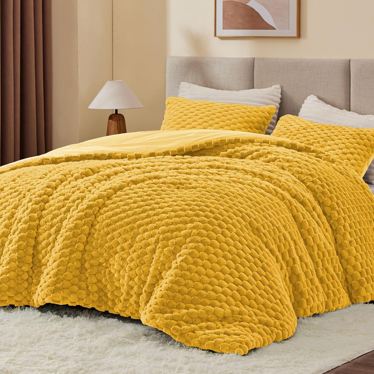 Fluffy Queen Comforter Set - Yellow Fleece Soft Comforter for Queen Size Bed, Luxury Warm ...