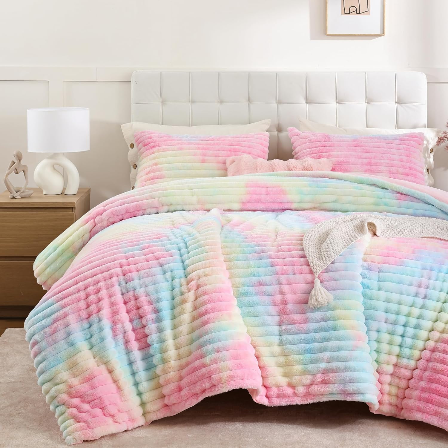 Fluffy Queen Size Comforter Set 3 Pieces - Rainbow Fleece Fluffy Comforter Set, Luxury Fuzzy ...