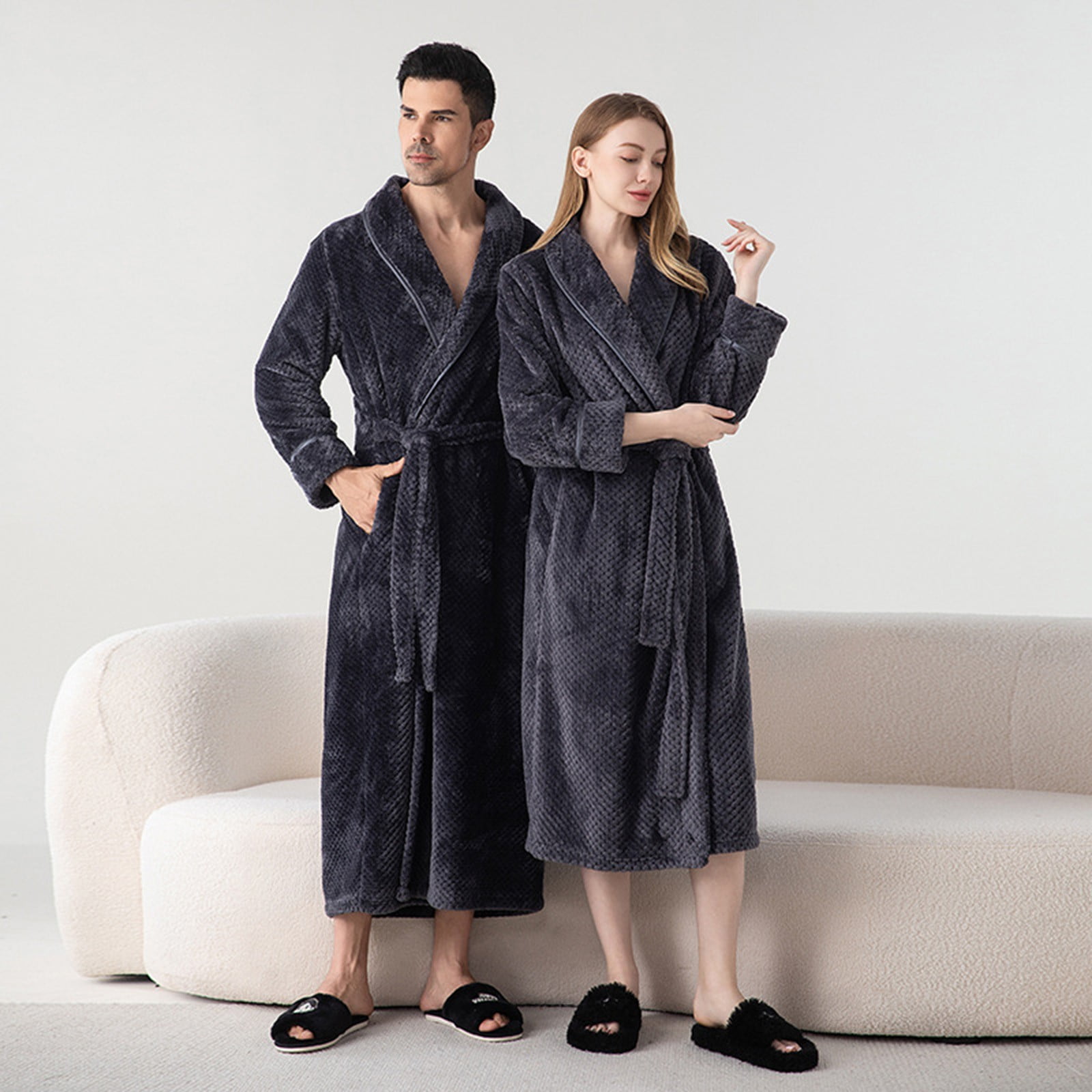 Fluffy Robe for Couples Pajamas Soft Fleece Bathrobe Women Men Winter ...