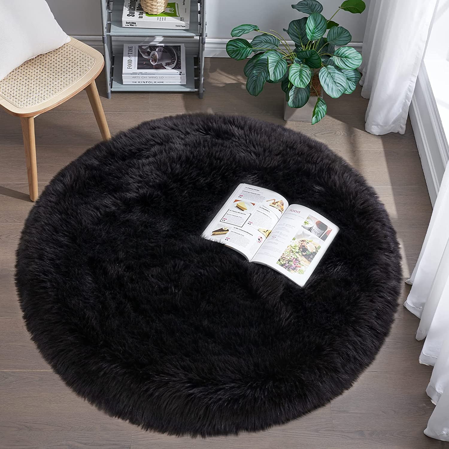 Fluffy Round Rug for Kids Room Black Circle Faux Fur Area Rug for ...