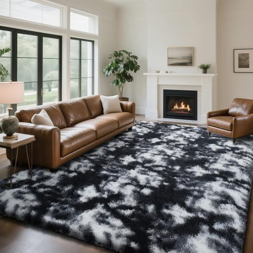 Fluffy Rug Shaggy Area Rug, Mottling Black 6x9 Area Rugs for Living ...