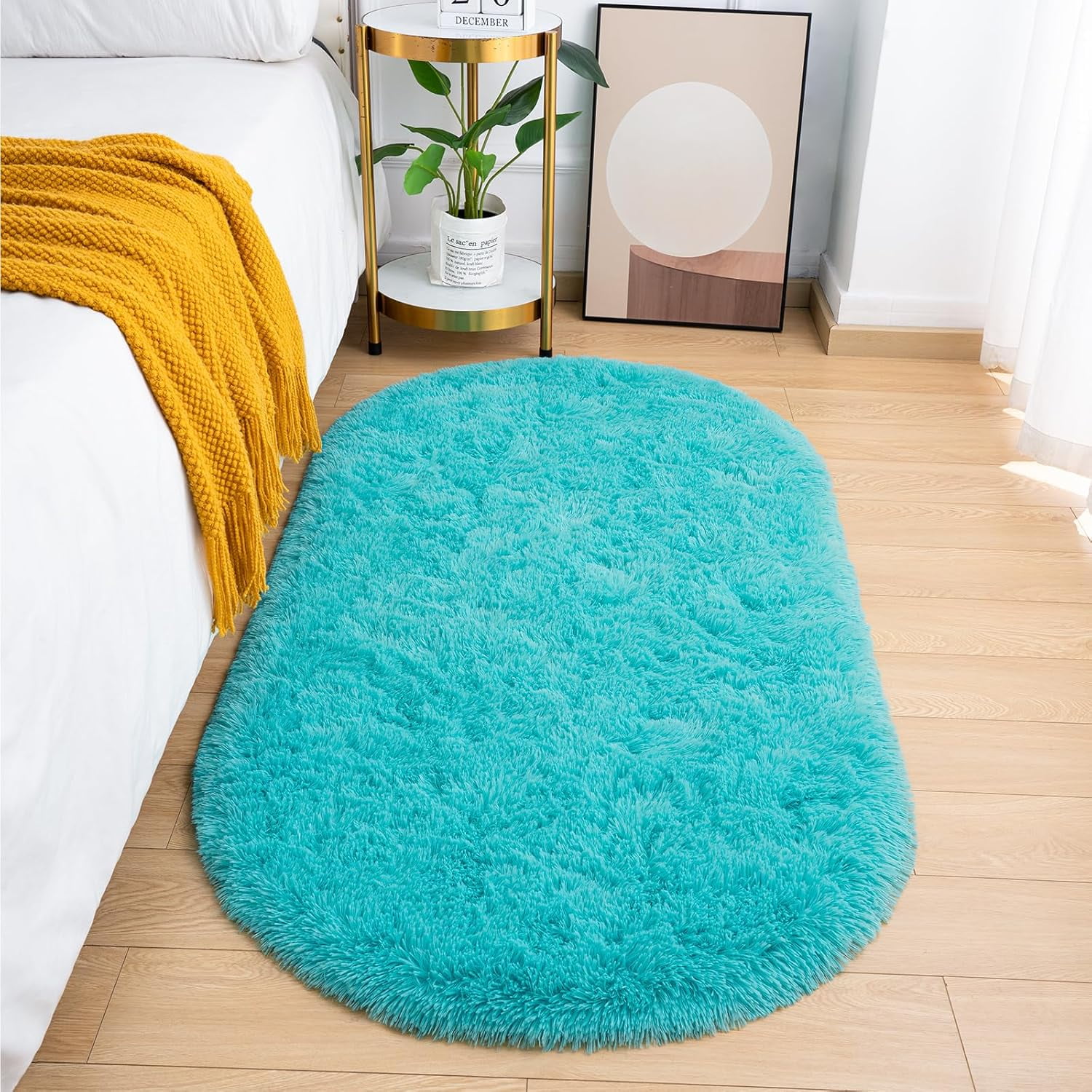Fluffy Rug, Small Oval Area Rugs, Teal Shag Bedside Carpet for Room ...