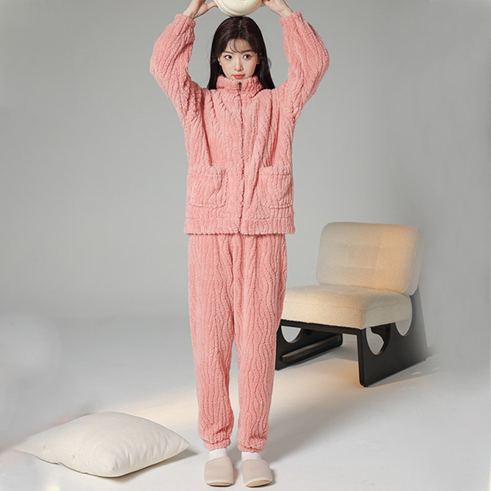 Fluffy Set for Women 2 Pcs Button Down Long Sleeve Pajama with Pants ...