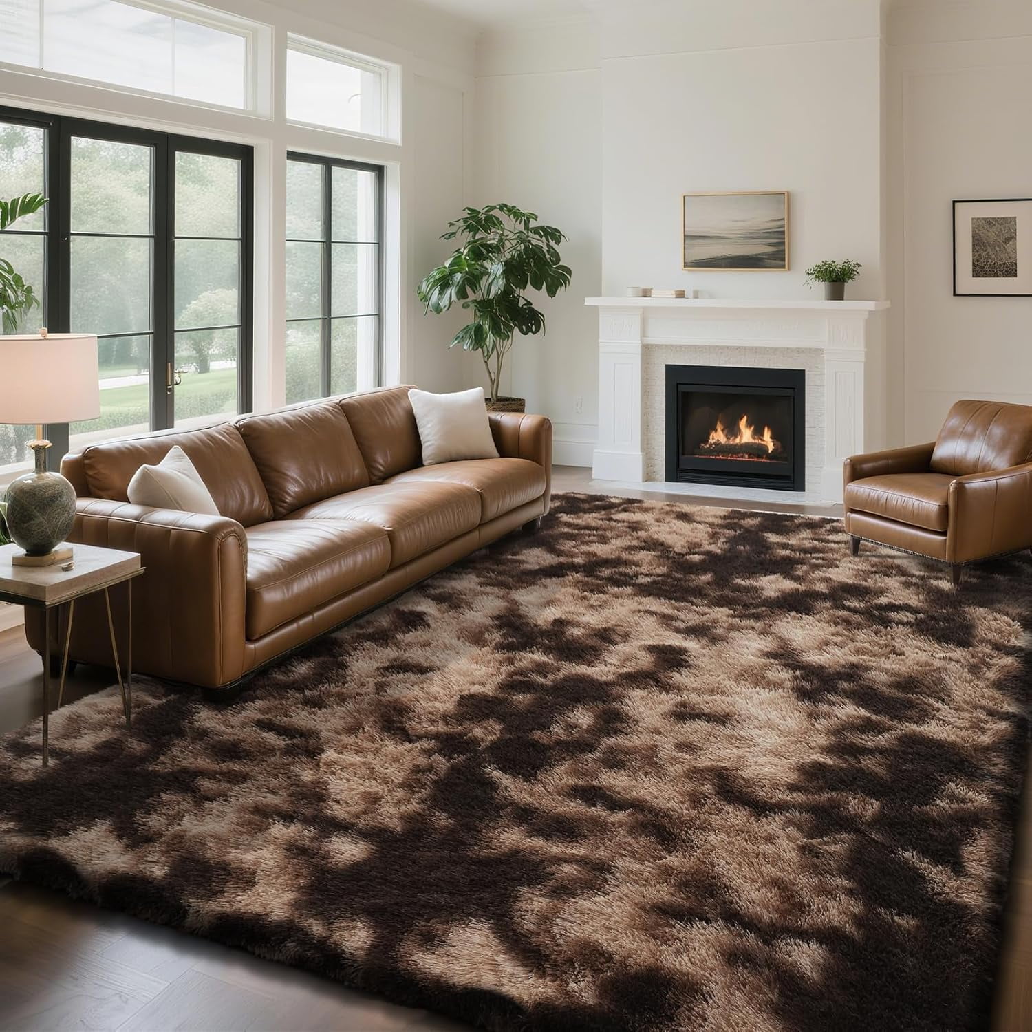 Fluffy Shag Area Rug 9x12, Soft Brown Mottled Large Fuzzy Rugs for ...