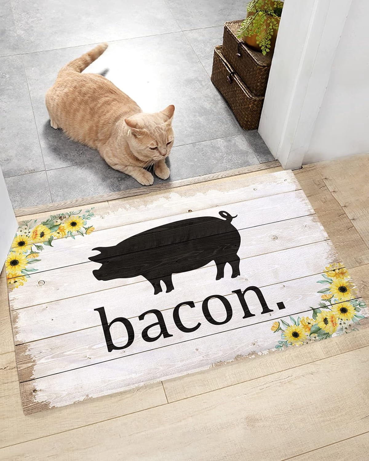 Fluffy Shag Bath Mat Rural Black Pig Silhouette Bacon Words Area Rugs ...