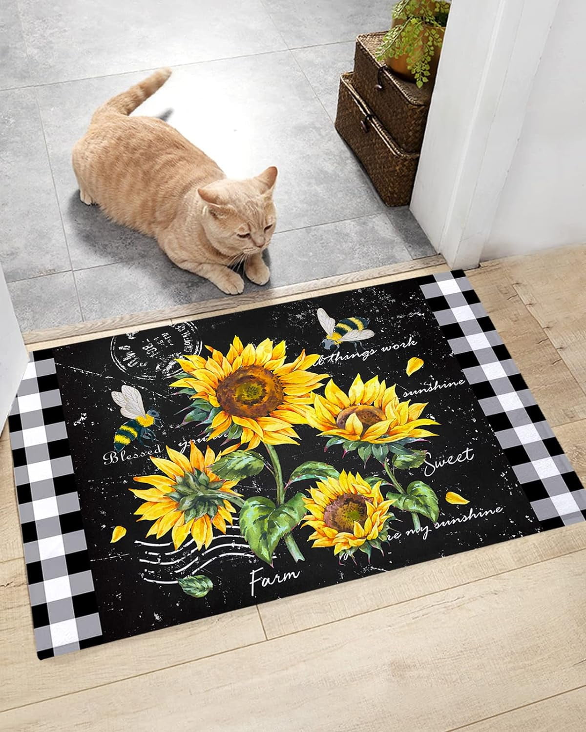 Fluffy Shag Bath Mat Spring Farm Sunflowers and Bee Area Rugs Warm Soft ...