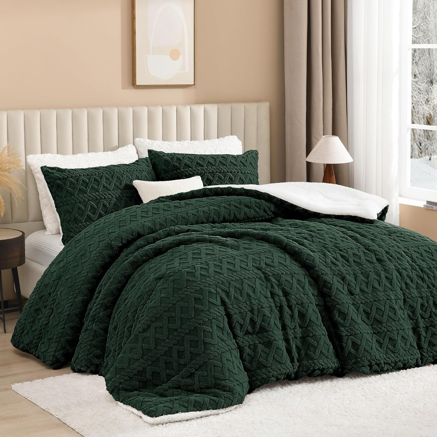 Fluffy Sherpa Queen Comforter Set Dark Green, Super Soft Emerald Green Fleece Warm Bedding for ...