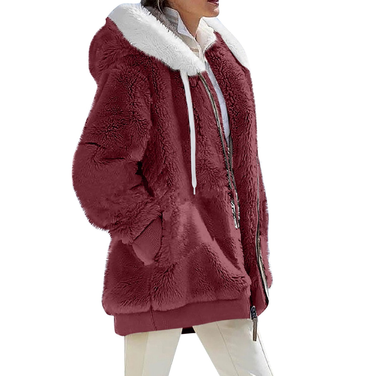 Fluffy Teddy Hooded Jackets, Outdoor Fleece Jacket Cold Weather ...