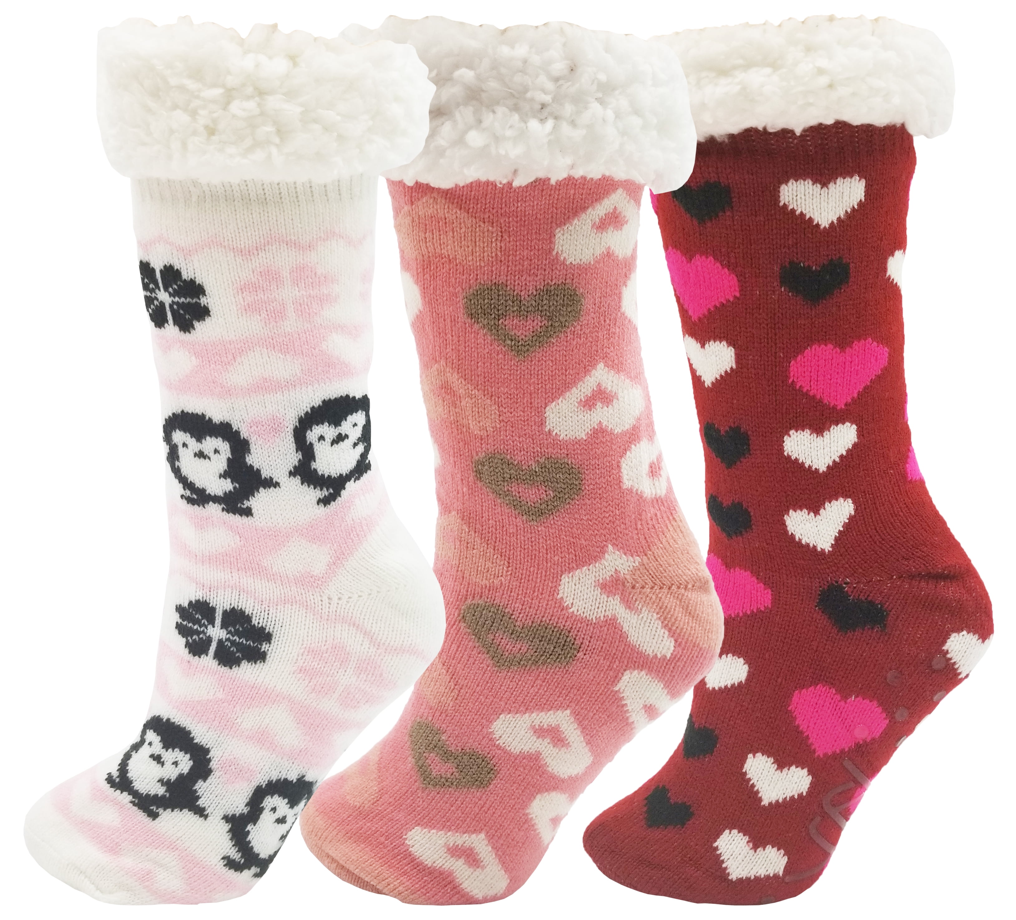 Comfy Warm Lined Cozy Grippers Slip Fuzzy Sherpa Slipper Socks, 3 Pairs ...