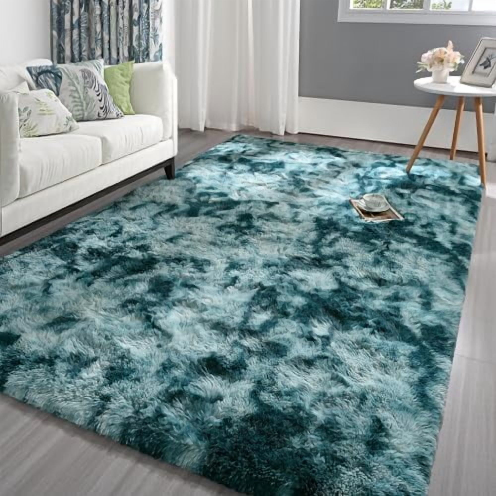 Fluffy Tie-Dye Peacock Blue Rug for Bedroom Living Room, 3x5 Feet Super ...