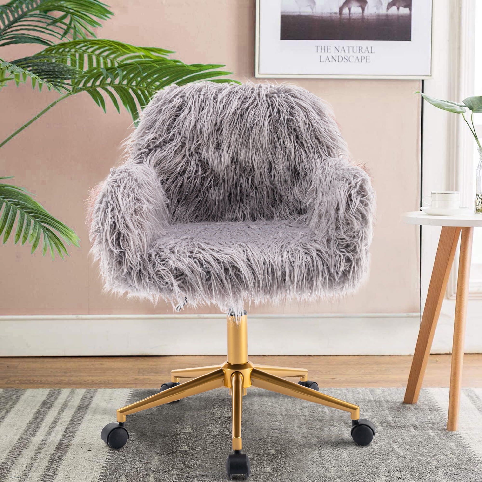 Fluffy Upholstered Dressing Chair, Modern Faux Fur Vanity Chair with ...