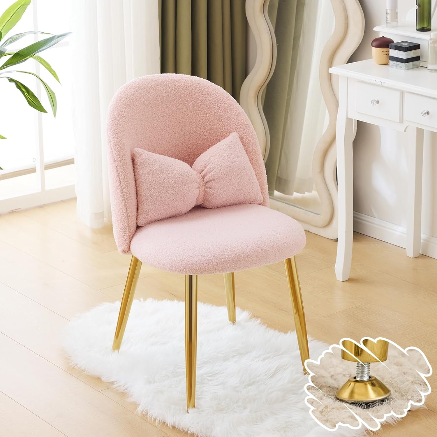 Fluffy Vanity Chair with Back & Pillow,Cute Small Cozy Desk Chair No ...