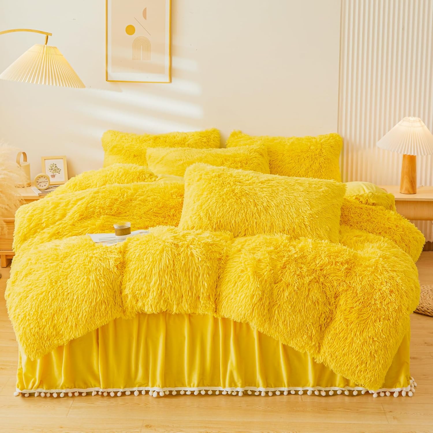 Fluffy Yellow Faux Fur Comforter Cover Set，Fluffy Fuzzy Plush Yellow ...