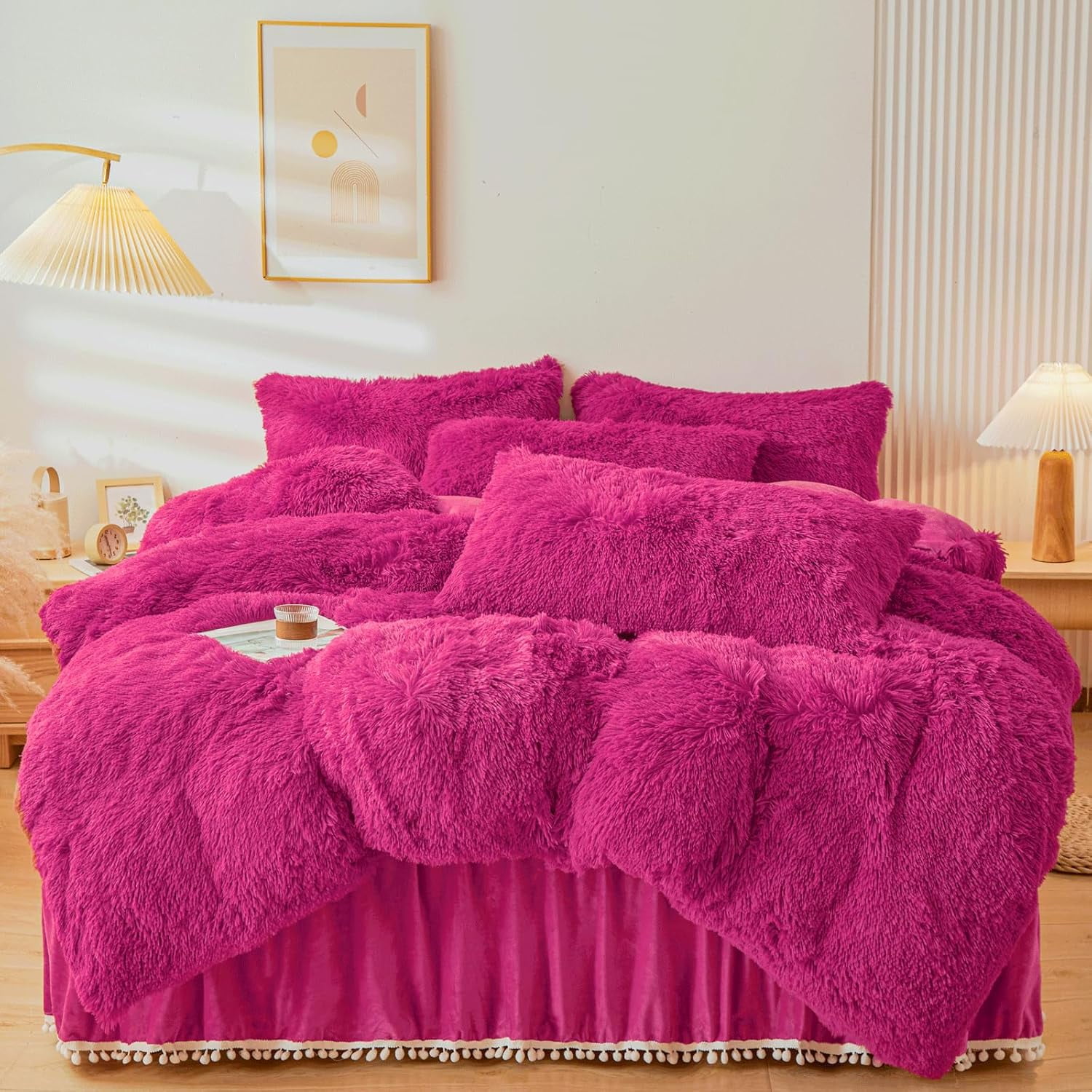 Fluffy hot Pink Comforter Cover Set King，Fluffy Fuzzy Plush hot Pink ...
