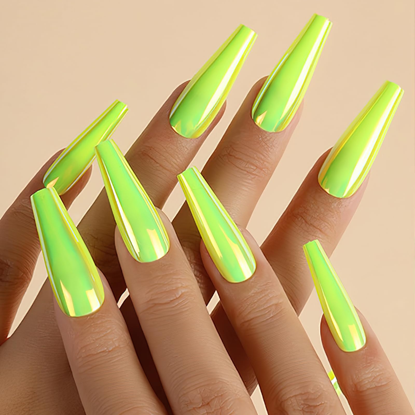 Fluorescent Green Chrome Press on Nails Long Ballerina Nails Metallic ...