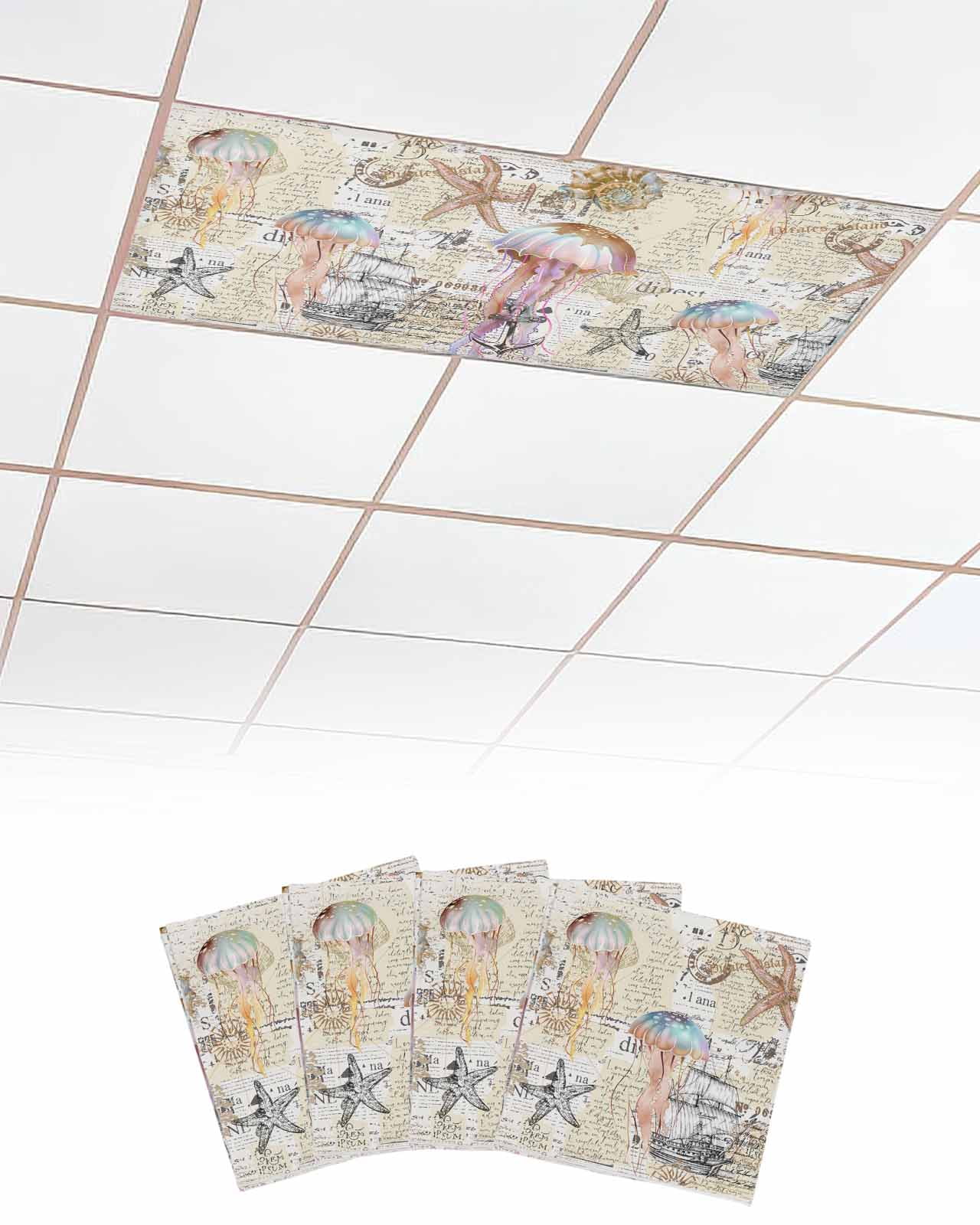 Fluorescent Light Covers for Ceiling Lights 4 Pack, Coastal Jellyfish Magnetic Ceiling Light ...