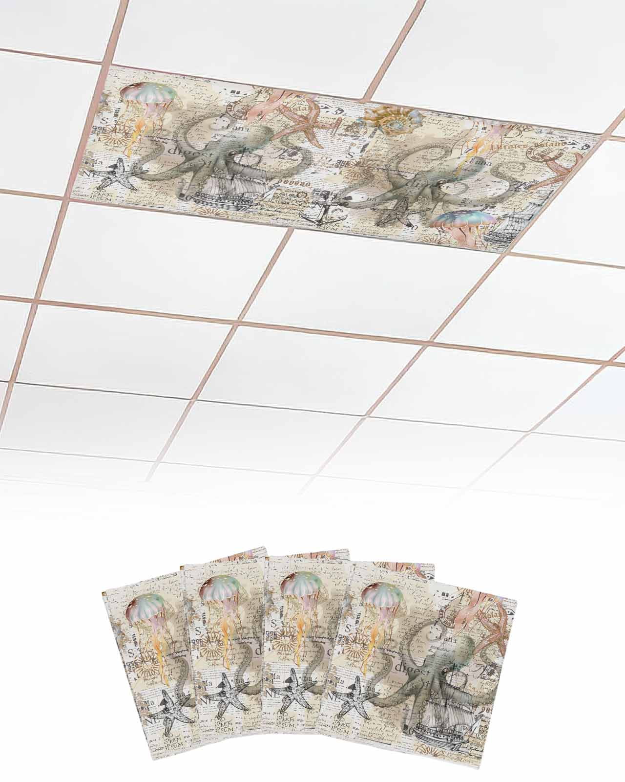 Fluorescent Light Covers for Ceiling Lights 4 Pack, Coastal Octopus ...
