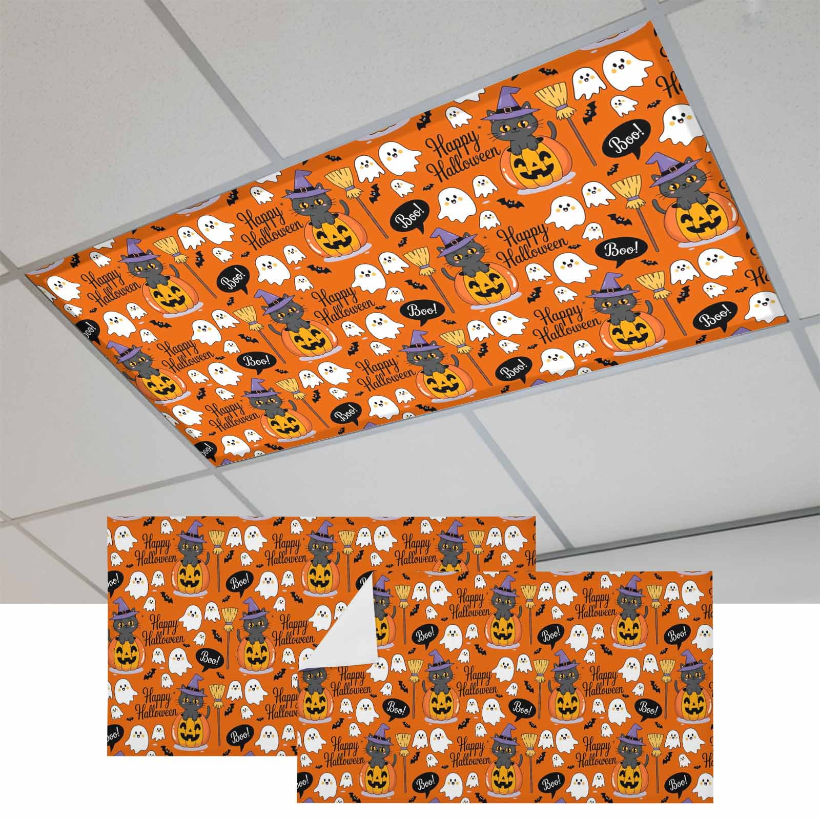 Fluorescent Light Covers for Ceiling Lights Classroom, Orange Boo Ghost ...