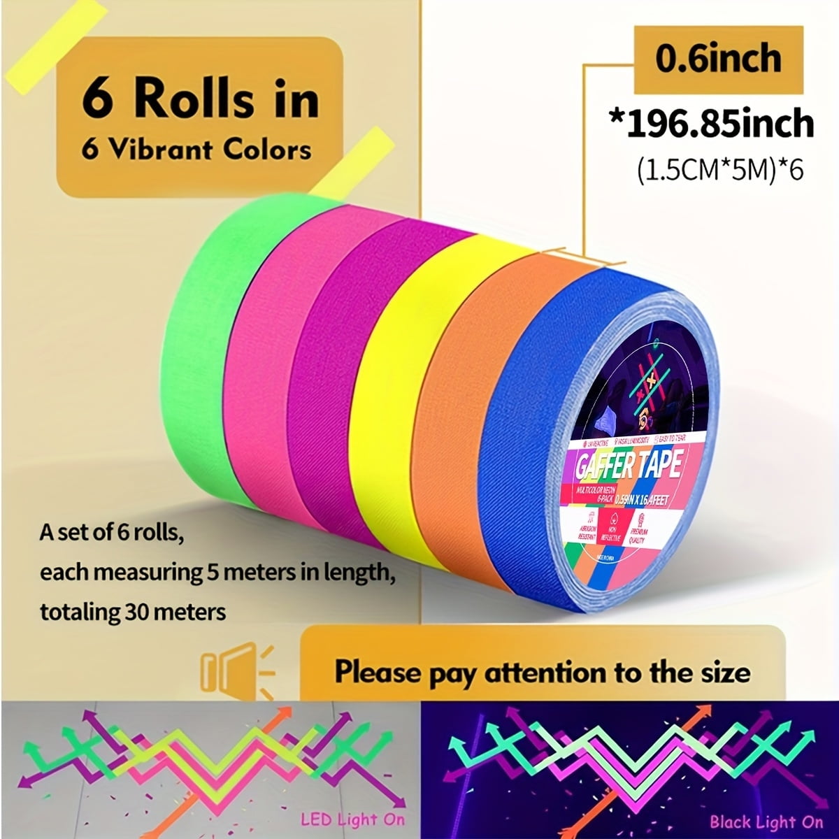 Fluorescent Neon Gaffer Tape, 6-Pack UV Reactive - Variety Pack for ...