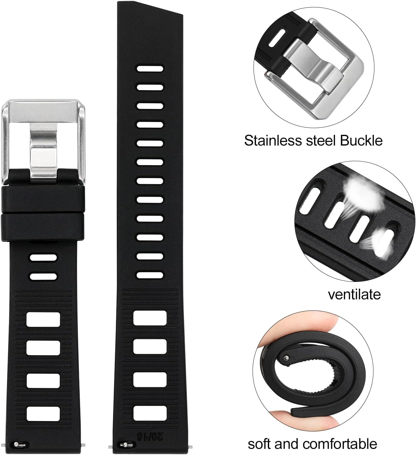Fluororubber Watch Band 20mm 22mm, Waterproof Soft Watch Bands with ...