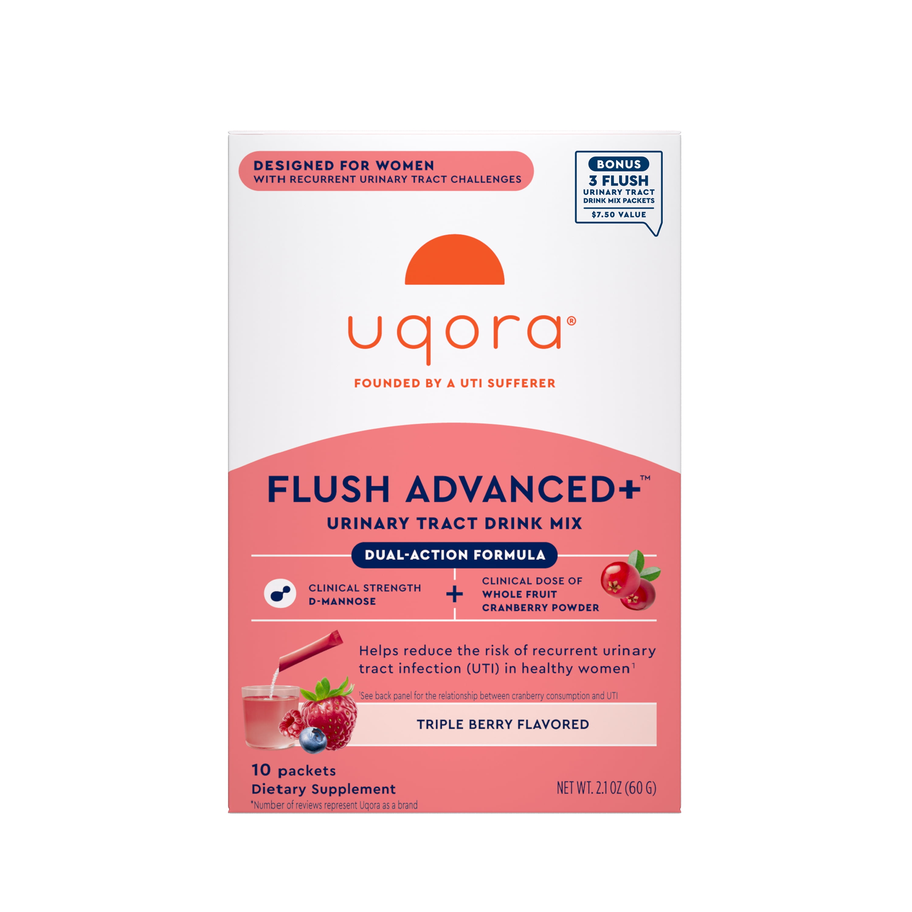 Uqora Flush Advanced+ Urinary Tract Health Supplement Drink Mix with D ...