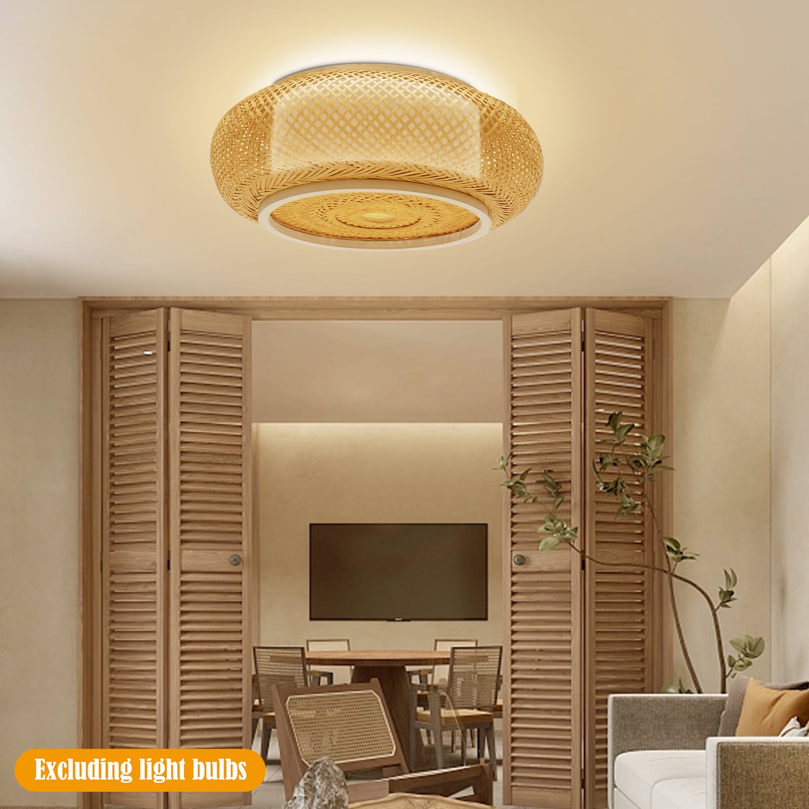 Flush Mount Bamboo Rattan Lantern Ceiling Light Fixture, Rustic Asian ...