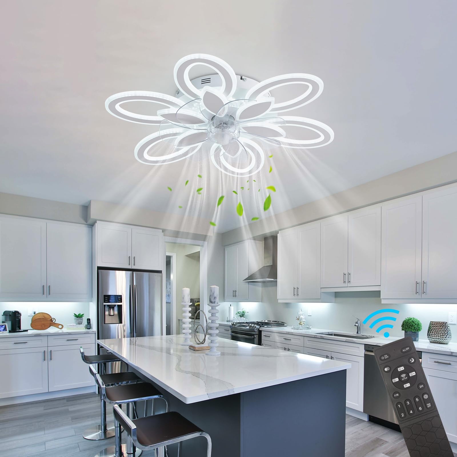 Flush Mount Ceiling Fan with Lights, Flower Ceiling Fan with Remote ...