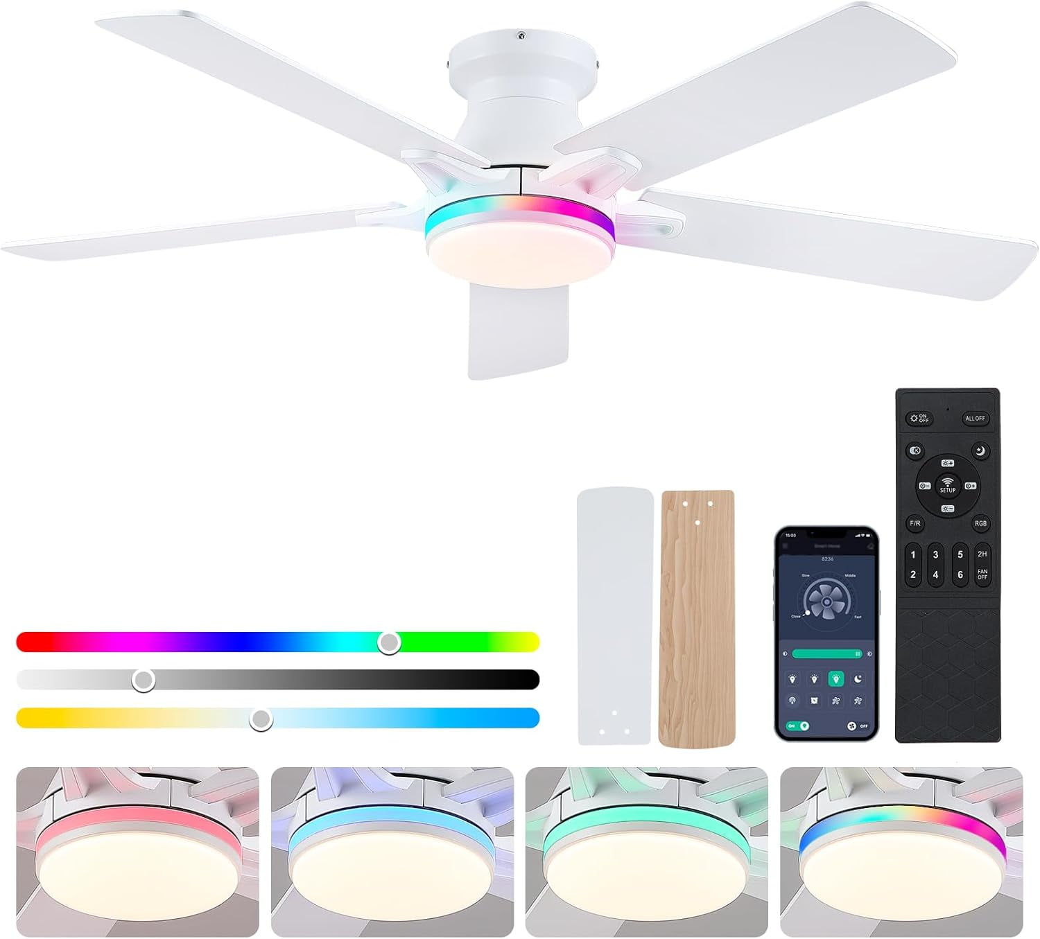 Flush Mount Ceiling Fans with RGB Side Lights - 52" White RGB Ceiling Fan with 5 Dual-Sided ...