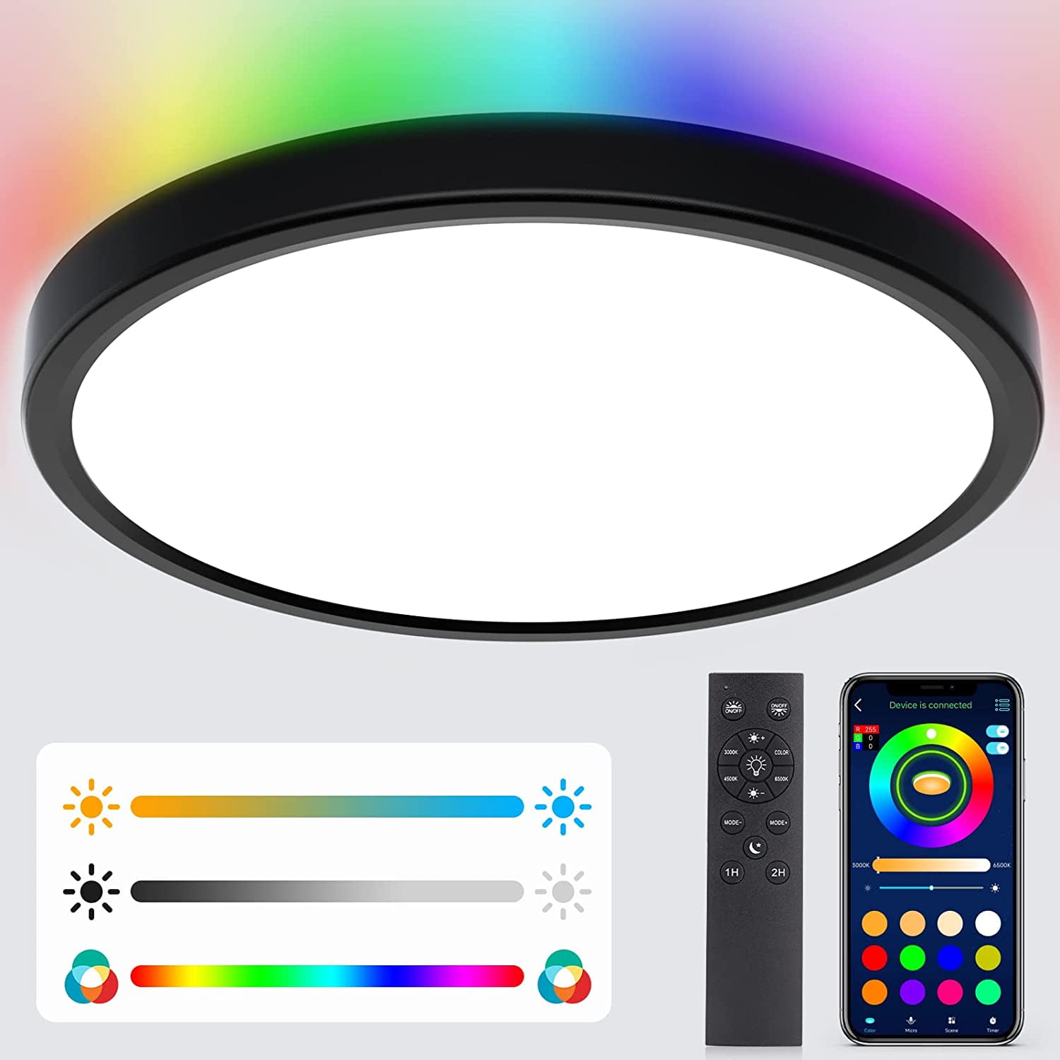 Flush Mount Ceiling Light, 24W RGB Ceiling Light Fixture with Remote ...