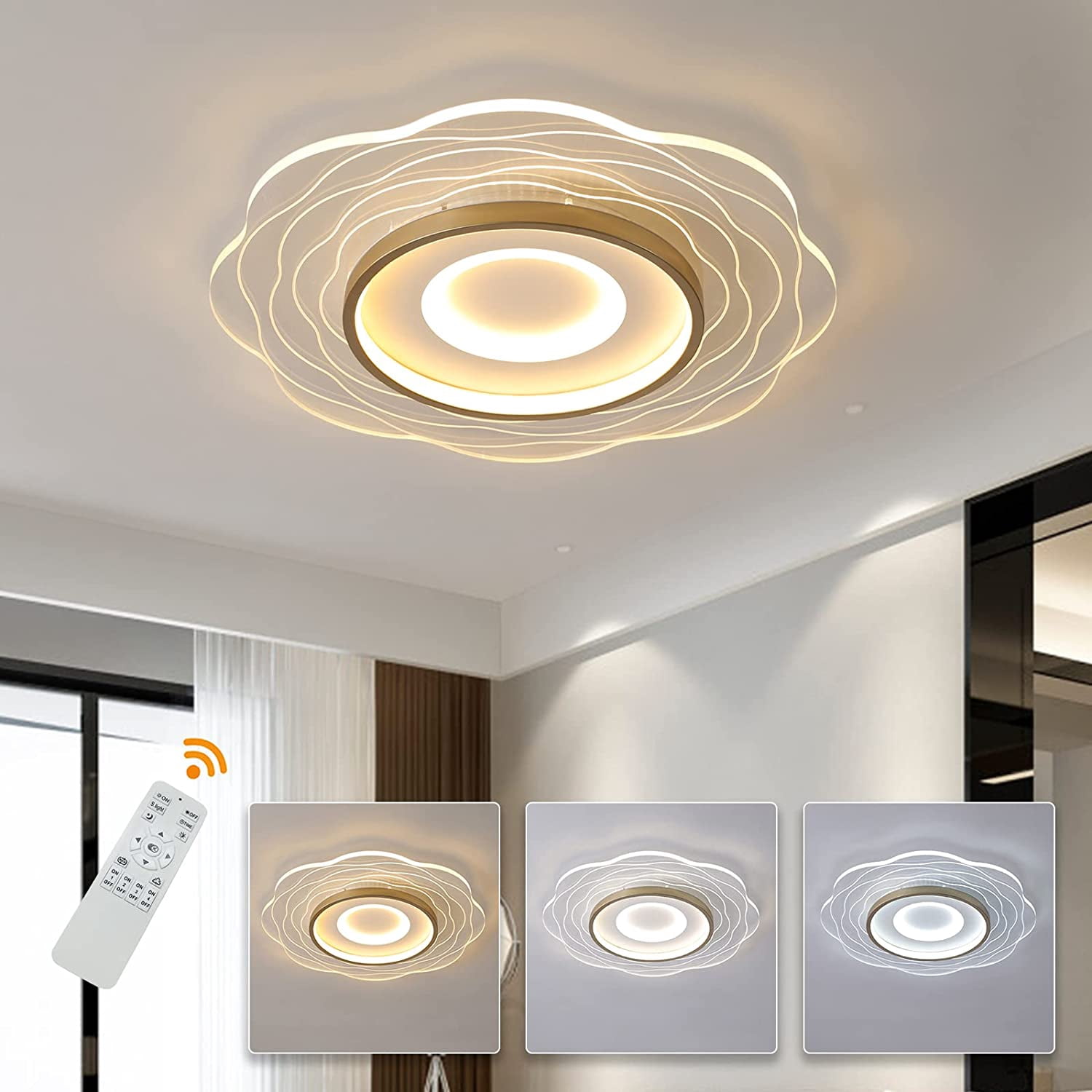 Flush Mount Ceiling Light Modern 48W LED Ceiling Lamp with Remote Close ...