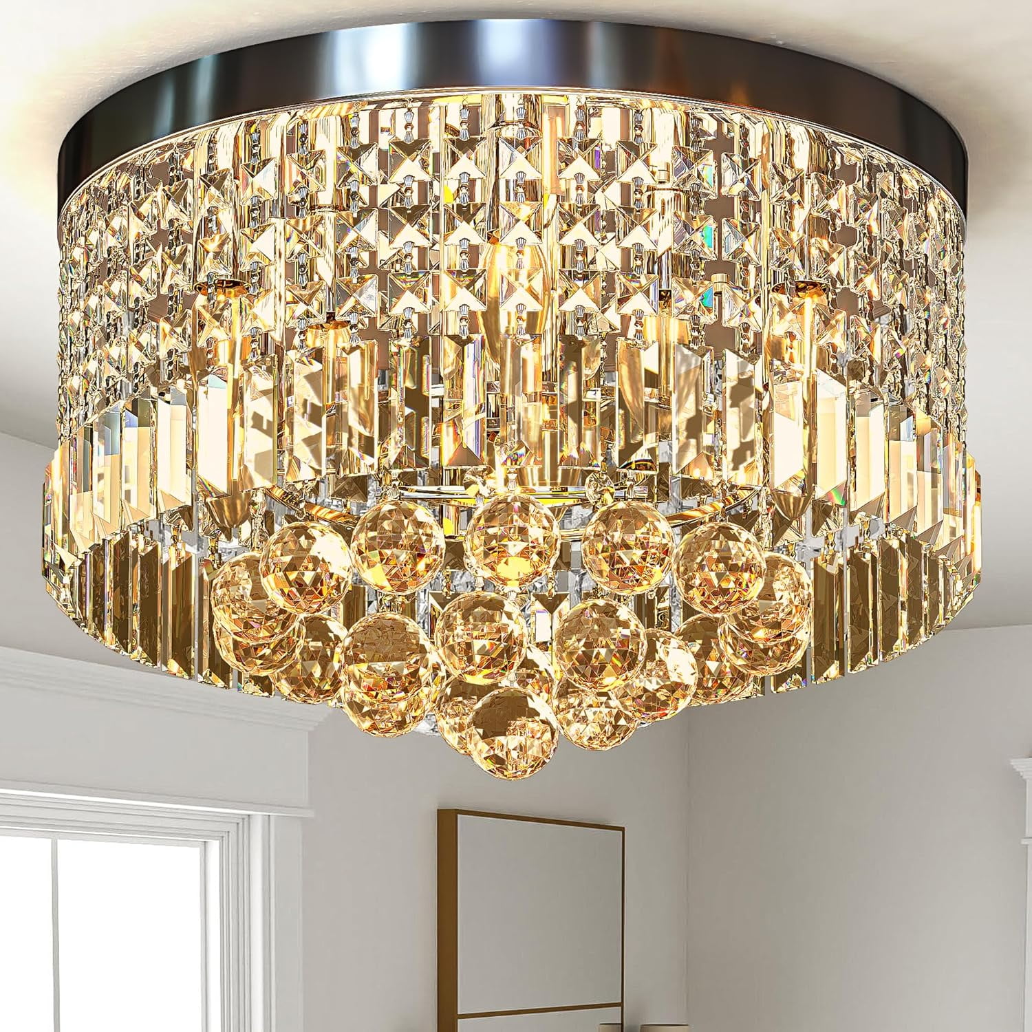 Flush Mount Crystal Ceiling Light, 20in Modern Chorme Crystal Raindrop ...