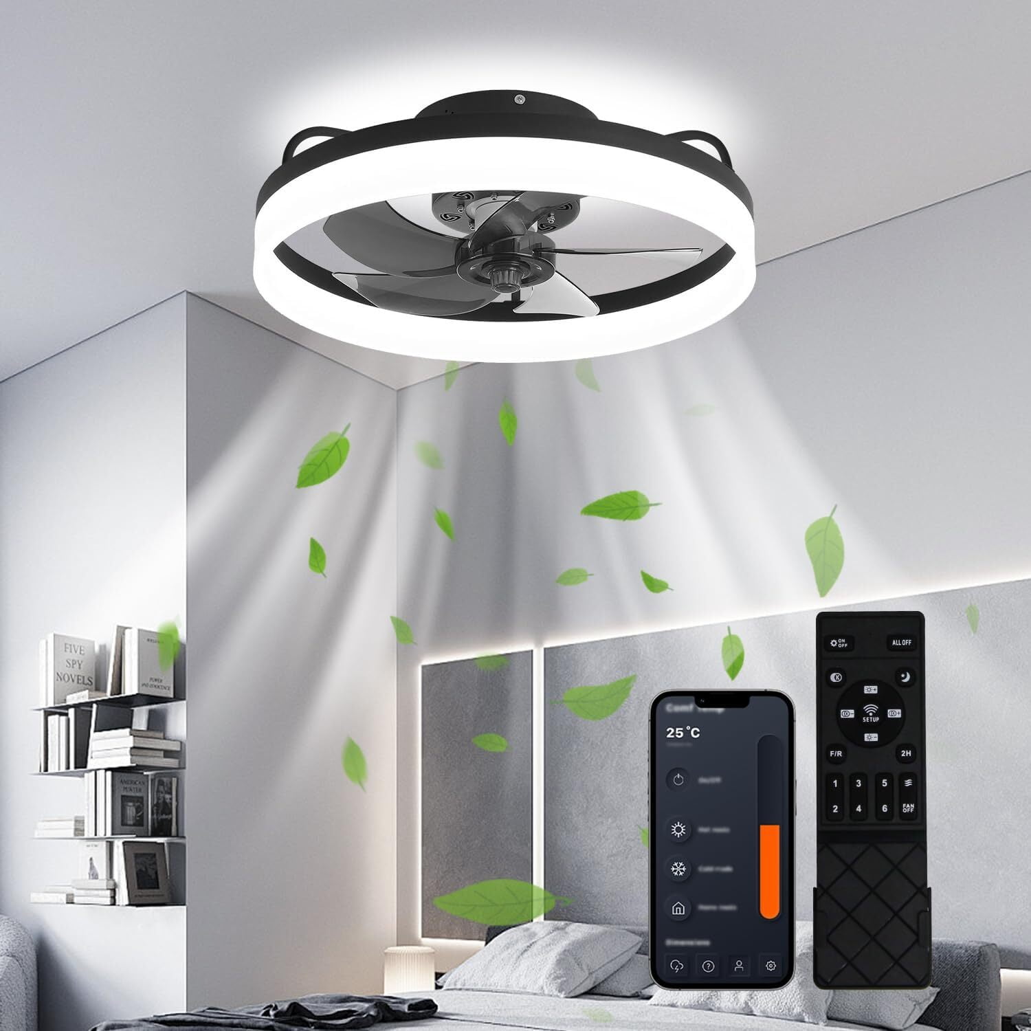 Flush Mount LED Ceiling Fan with Light Remote & APP Control 20" Modern ...