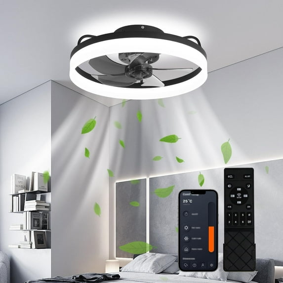 Flush Mount LED Ceiling Fan with Light Remote & APP Control 20" Modern ...