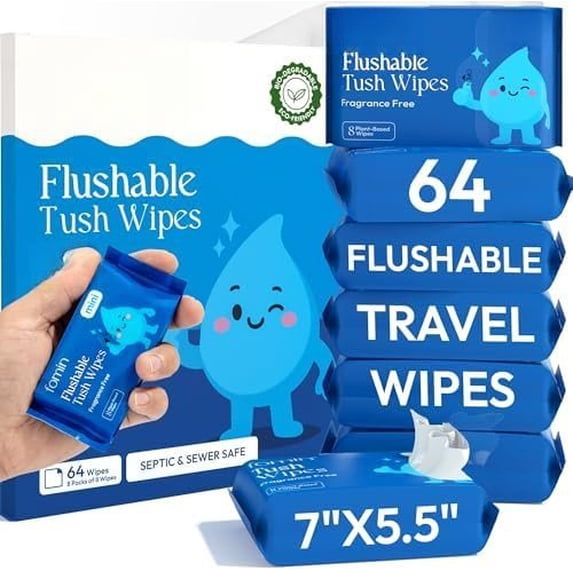 Flushable Tush Wipes 8 Pack (8 Count) - Unscented Flushable Travel Wet ...