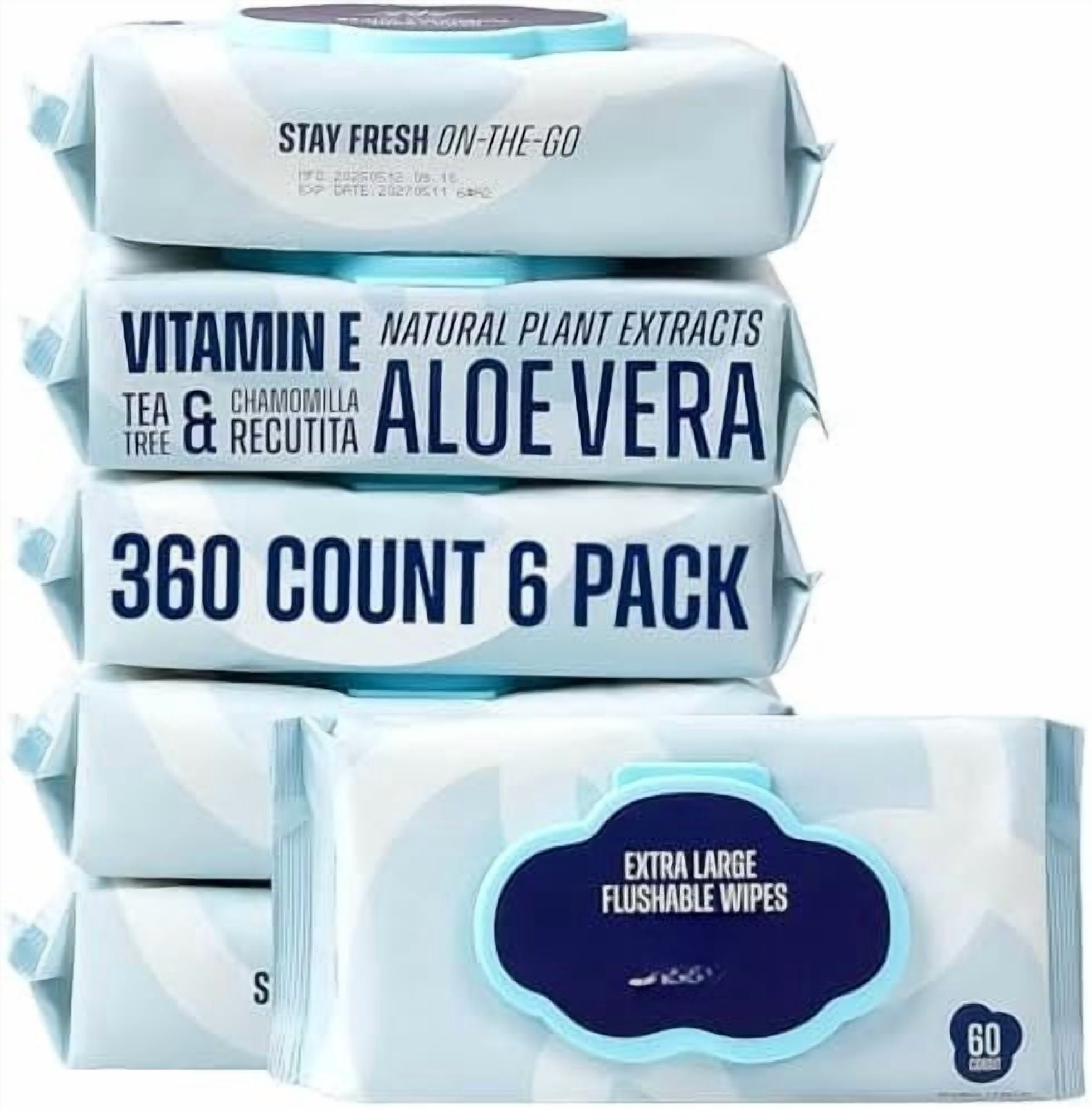 Flushable Wet Wipes - 6 Large Packs (360 Ct) - Unscented Extra-Large ...
