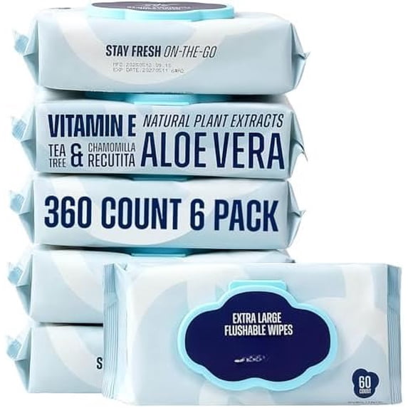 Flushable Wet Wipes - 6 Large Packs (360 Ct) - Unscented Extra-Large ...