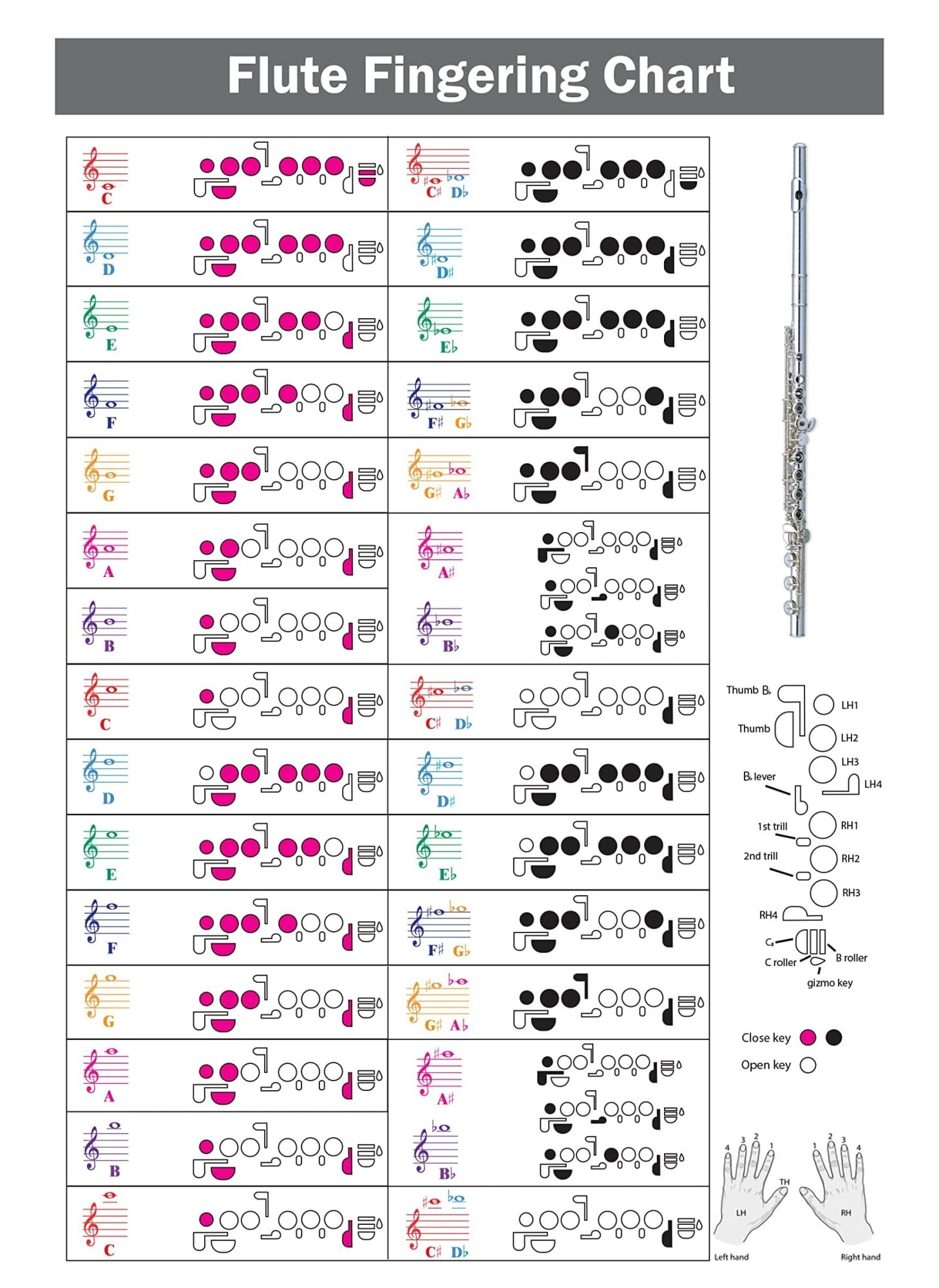 Flute Fingering Chart poster with Color-Coded Notes, Learn Flute ...
