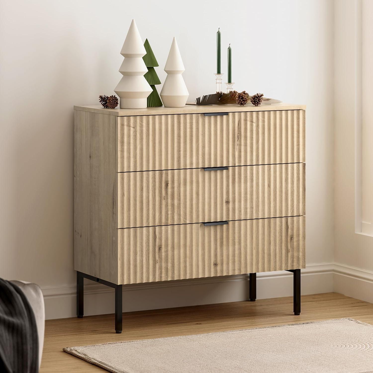 Fluted 3 Drawer Dresser for Bedroom, Large Modern Chest of Drawers ...