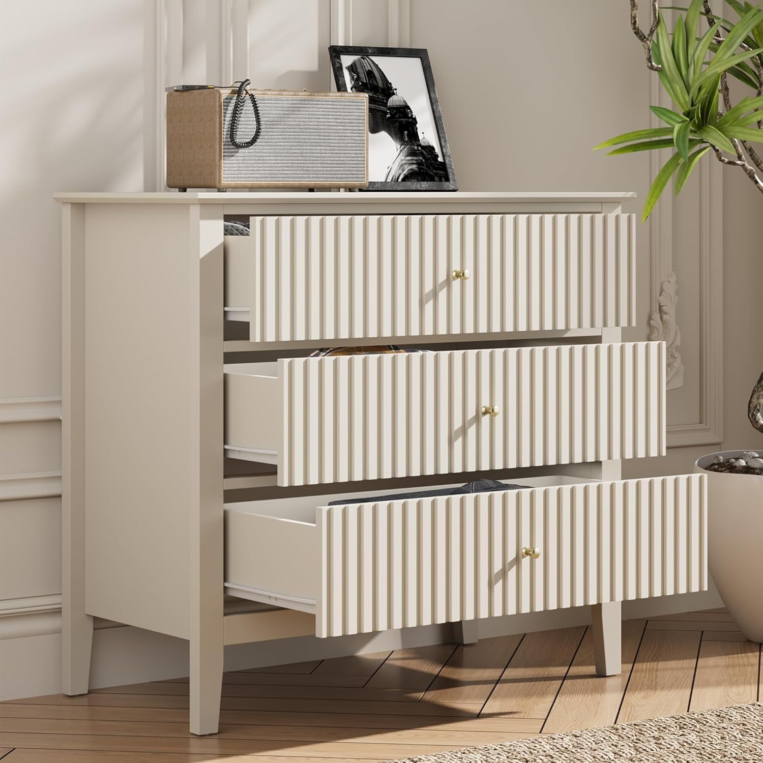 Fluted 3 Drawer Dresser, Wood Dresser for Bedroom, Modern Wide ...