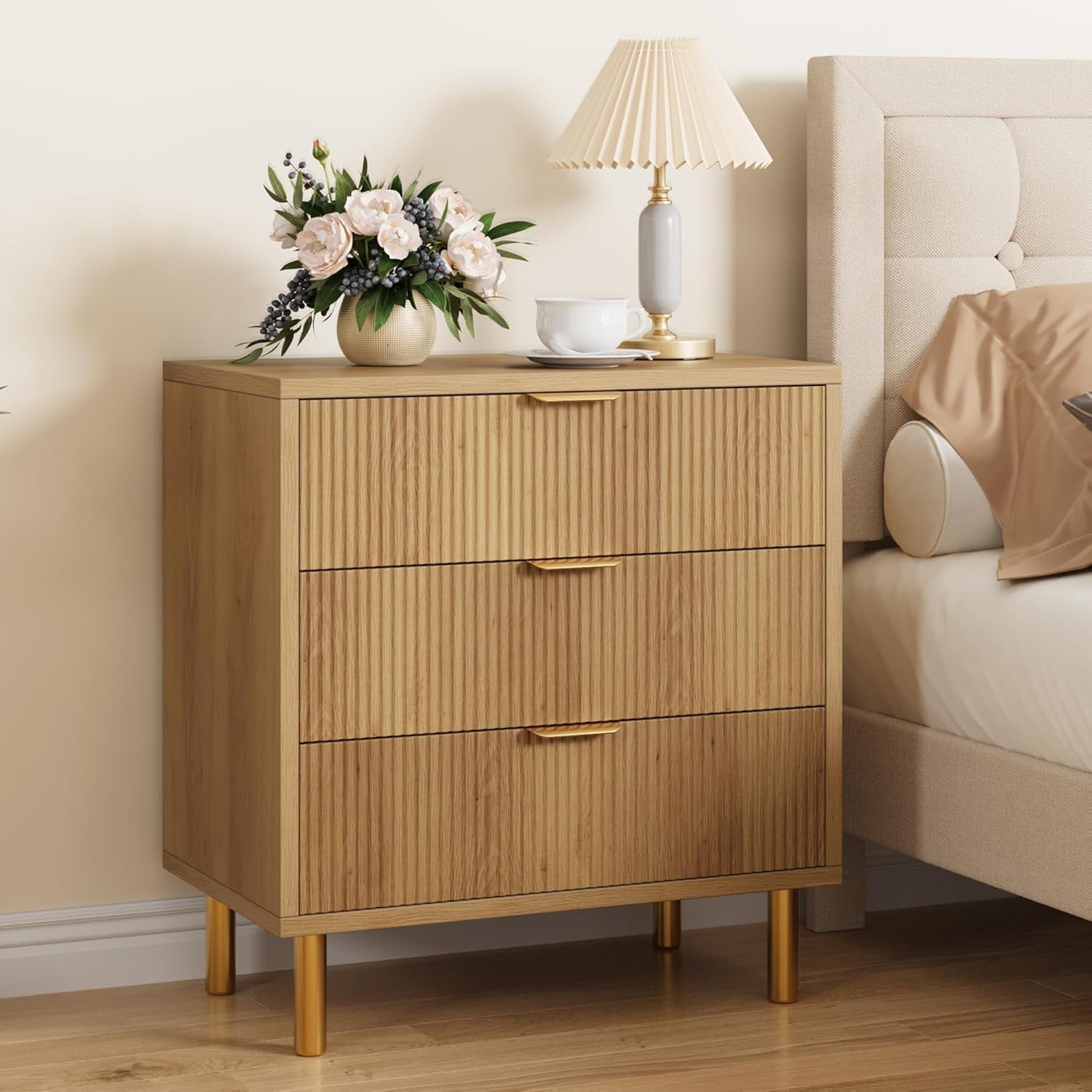 Fluted 3 Drawers Dresser, Modern Chest of Drawers with Metal Legs, Wood ...