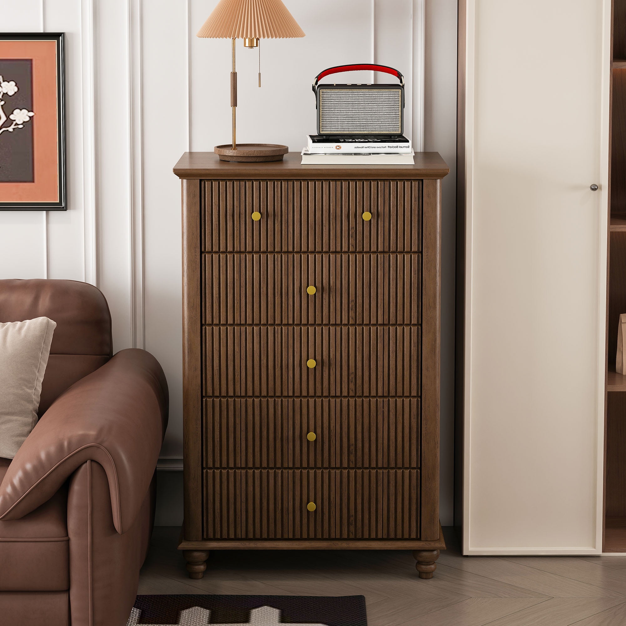 Fluted 5 Drawer Dresser , 45 Inch Tall Chest of Drawers for Bedroom and ...