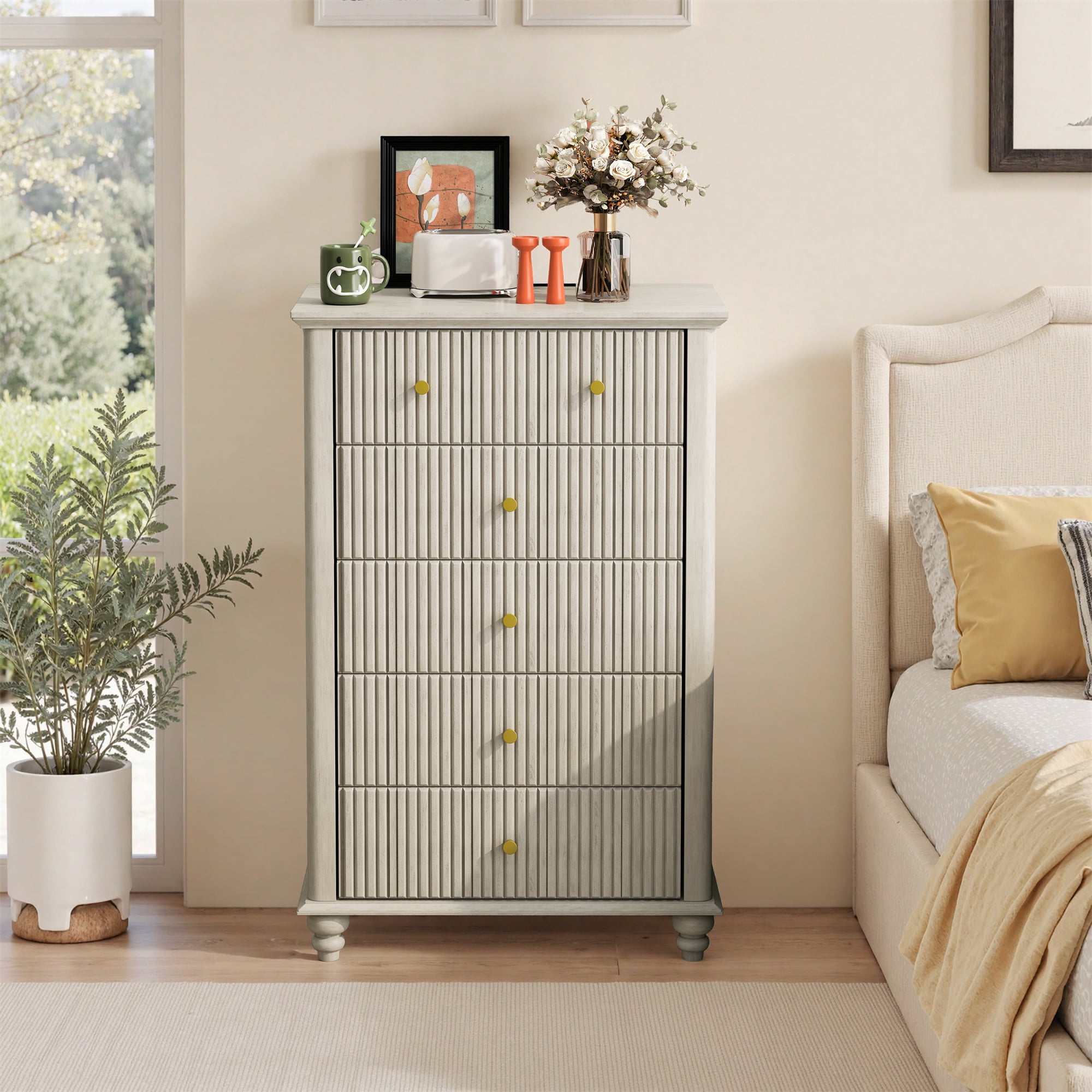 Fluted 5 Drawer Dresser, 45 Inch Tall Modern Chest of Drawers, Bedroom ...