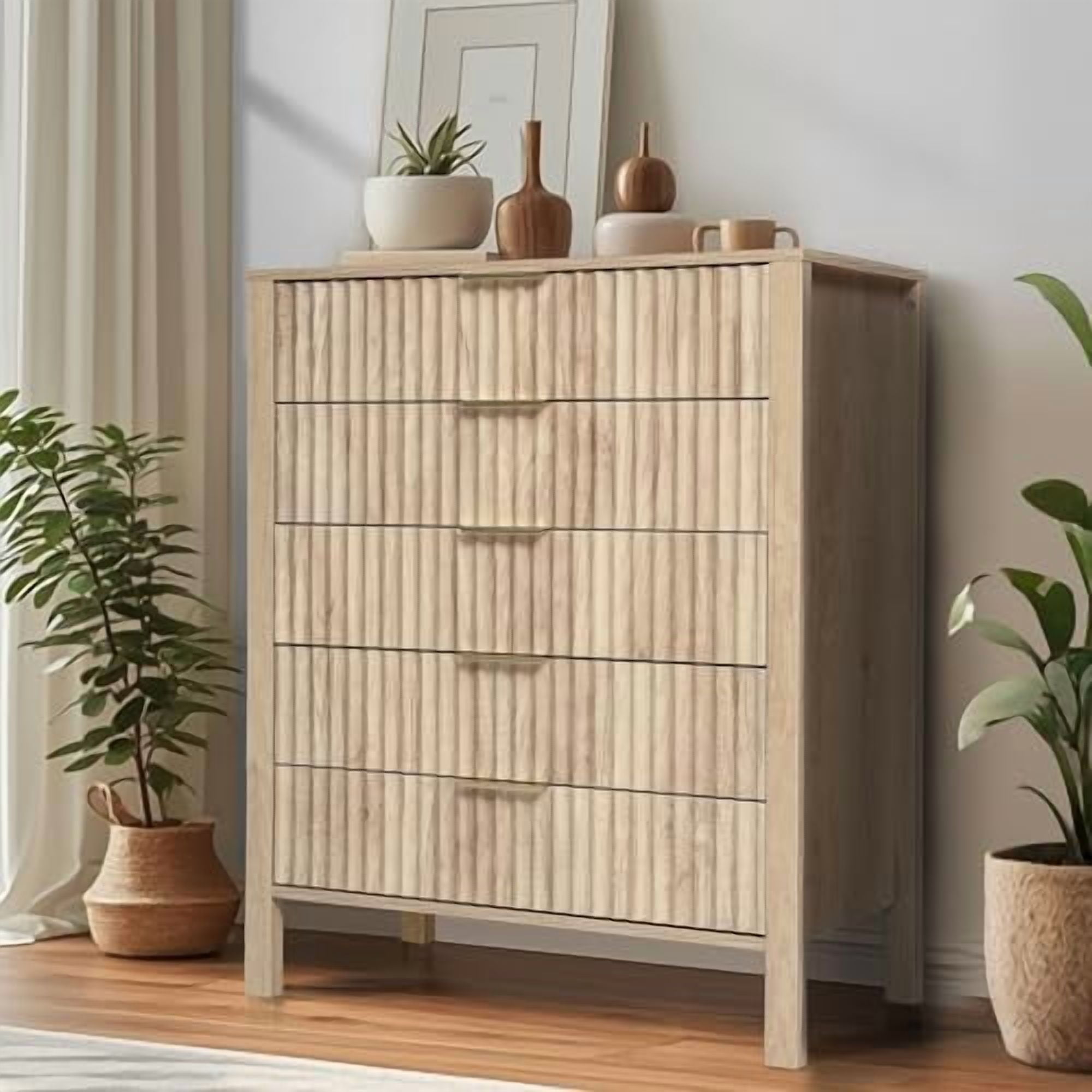 Fluted 5 Drawer Dresser, Wooden Chest of Drawers with Wide Metal ...