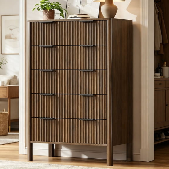 Walnut 7-Drawer Fluted Wooden Dresser, Multifunctional TV Stand Storage ...