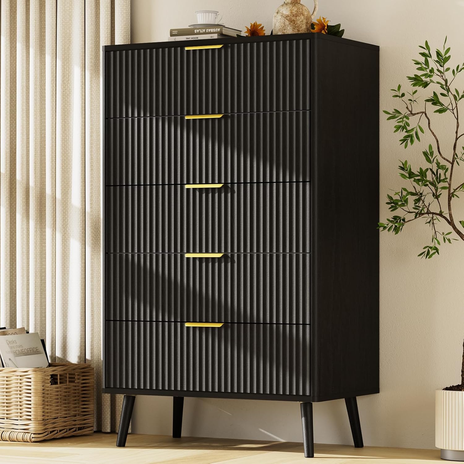 Fluted 5 Drawers Dresser, 45" Tall Modern Chest of Drawers with Metal ...