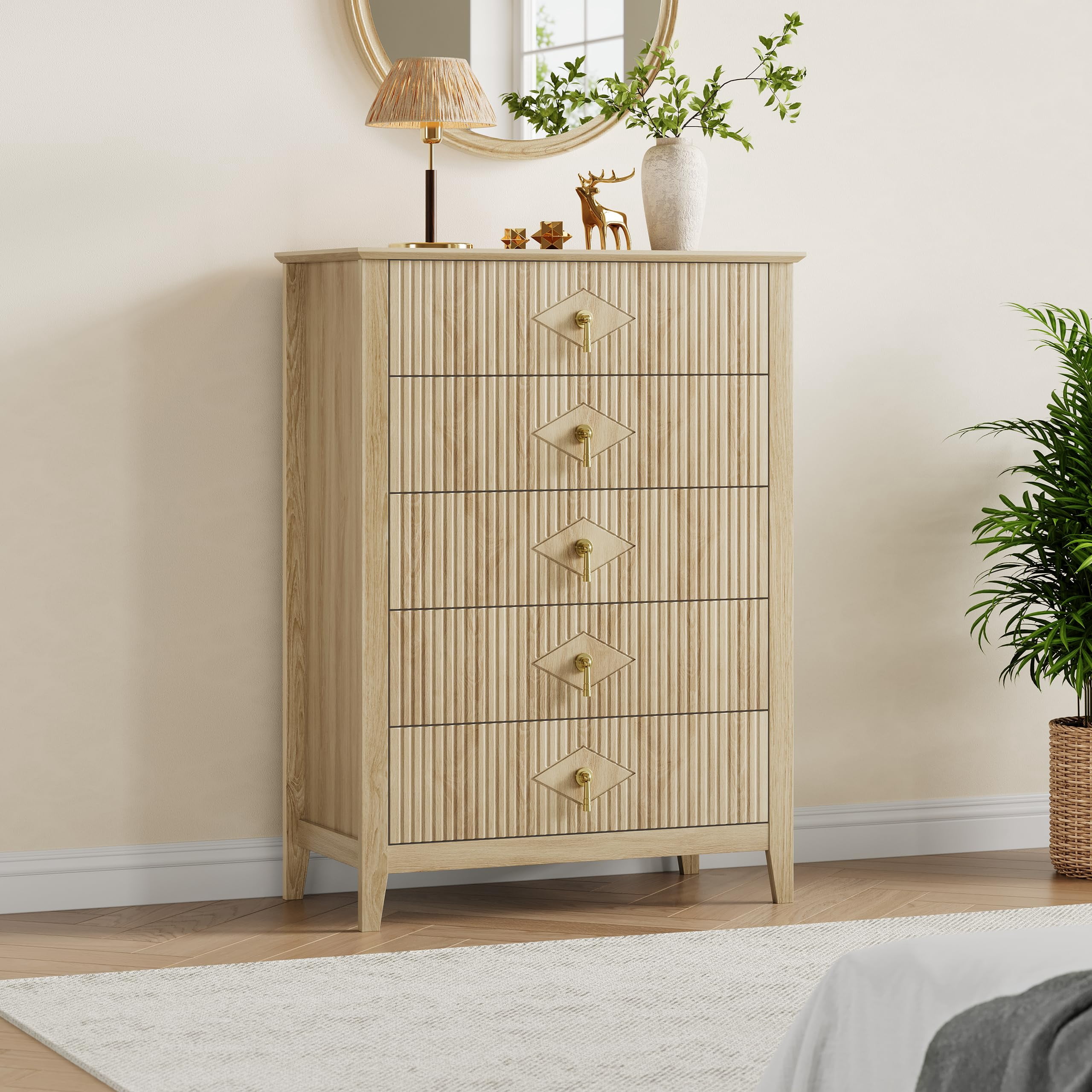 Fluted 5 Drawers Dresser for Bedroom, 42" H Modern Chest of Drawers ...